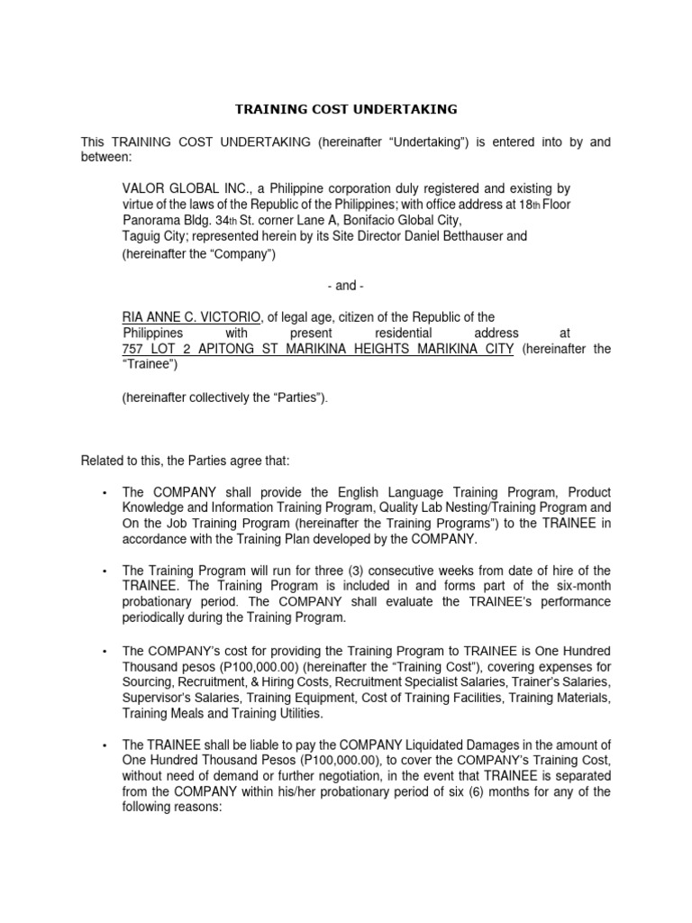 Training Cost Undertaking | PDF | Finance & Money Management | Law