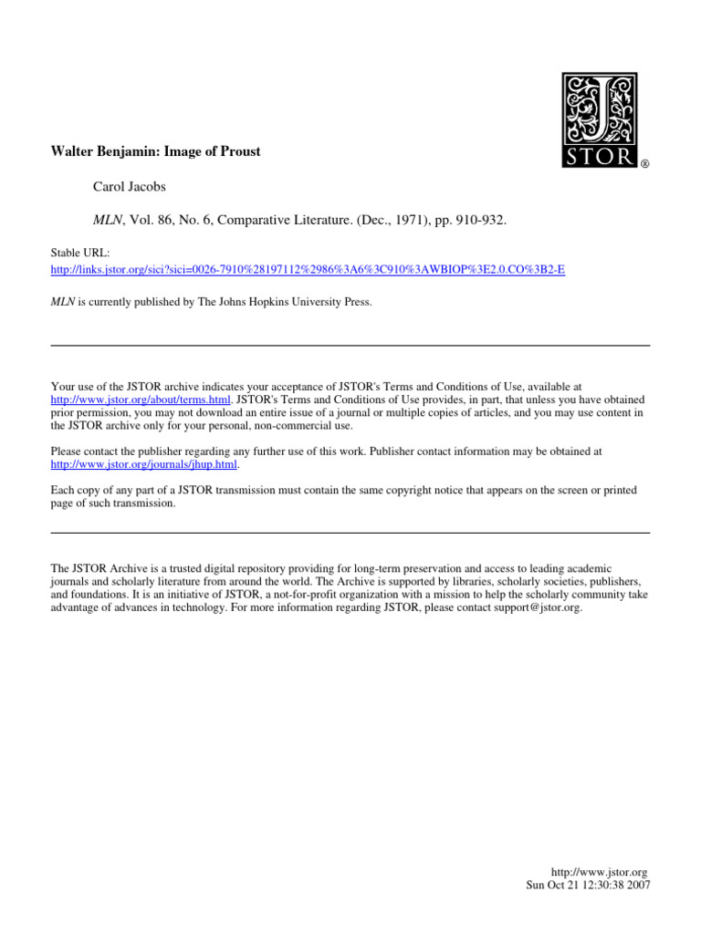 Jacobs, Carol - Walter Benjamin - Image of Proust | PDF