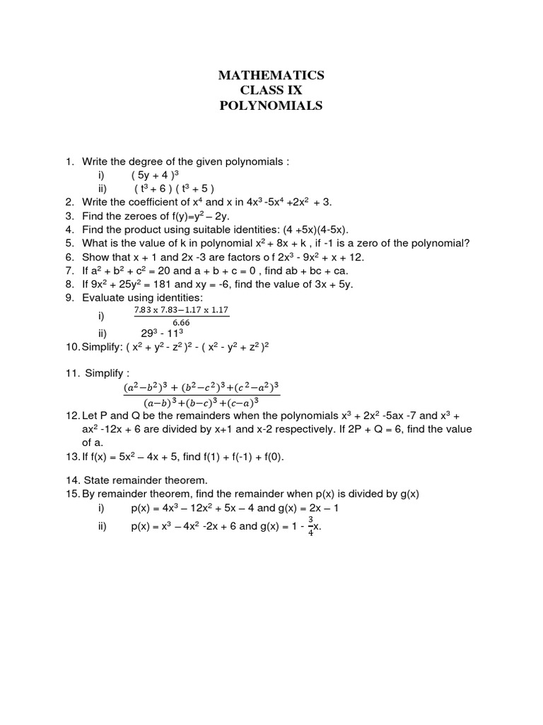 Class 9th Polynomial Assignment | PDF | Factorization | Polynomial