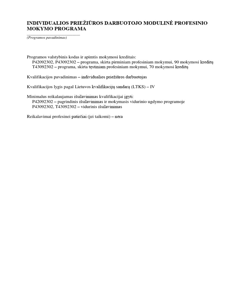 Individualios Prieziuros Darbuotojas IV P42092302 P43092302 T43092302 2023 | PDF