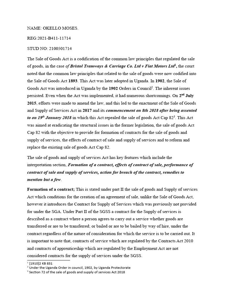 Okello Moses-Sale of Goods Course Work | PDF