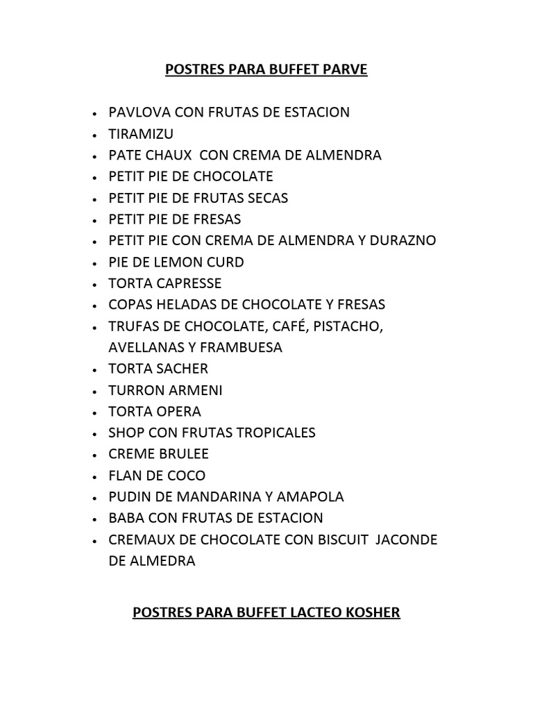 Postres Parve para Buffet Kosher | PDF | Cocina, comidas y vino