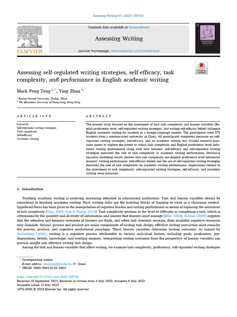 Assessing Self-Regulated Writing Strategies, Self-Efficacy, Task ...