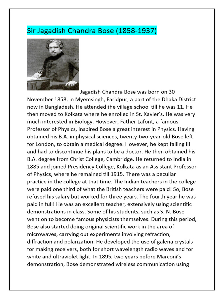 Sir Jagadish Chandra Bose | PDF | Electromagnetic Radiation | Science