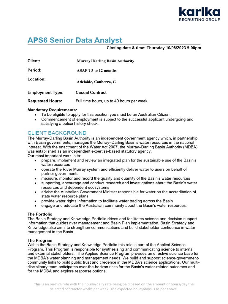 Position Description APS6 Senior Data Analyst PDF