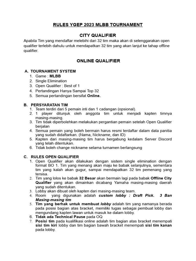 Aturan Turnamen MLBB 2023 dan Jadwal | PDF