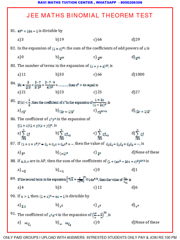 Jee Maths Binomial Theorem Test Pdf Mathematical Analysis Complex 5800