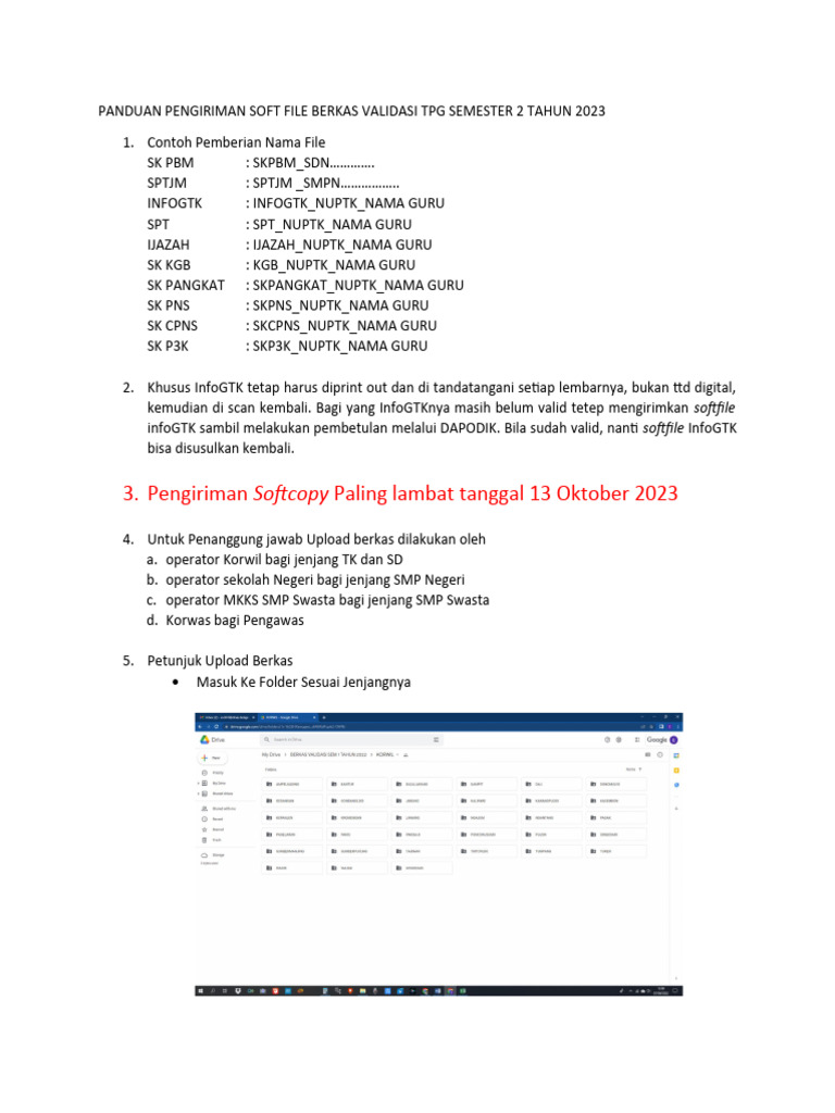 Panduan Pengiriman Soft File Berkas Validasi TPG Semester 2 Tahun 2023 | PDF