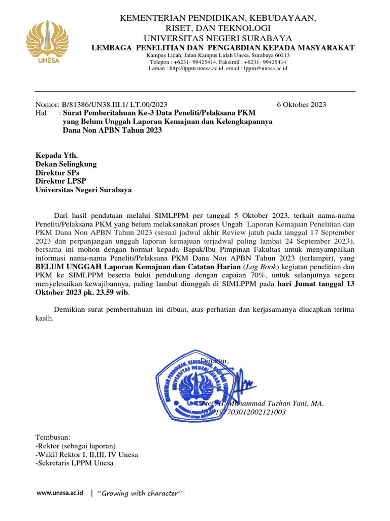 FIKK - Belum Unggah Laporan Kemajuan Penelitian Dan PKM Dana Non APBN Tahun 2023 - 20231006 ...