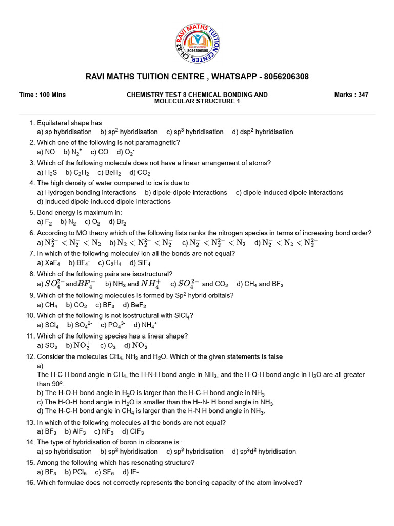 Chemistry Test: Chemical Bonding | PDF