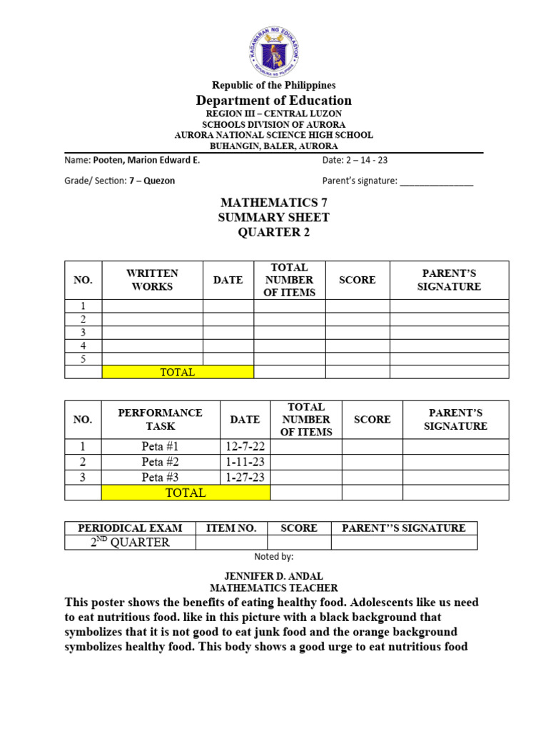 Summary Sheet Math 7 | PDF
