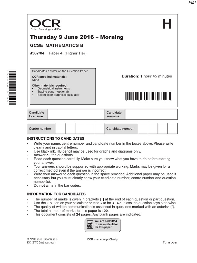 June 2016 QP - Paper 4 OCR Maths (B) GCSP | PDF | Area | Mathematics