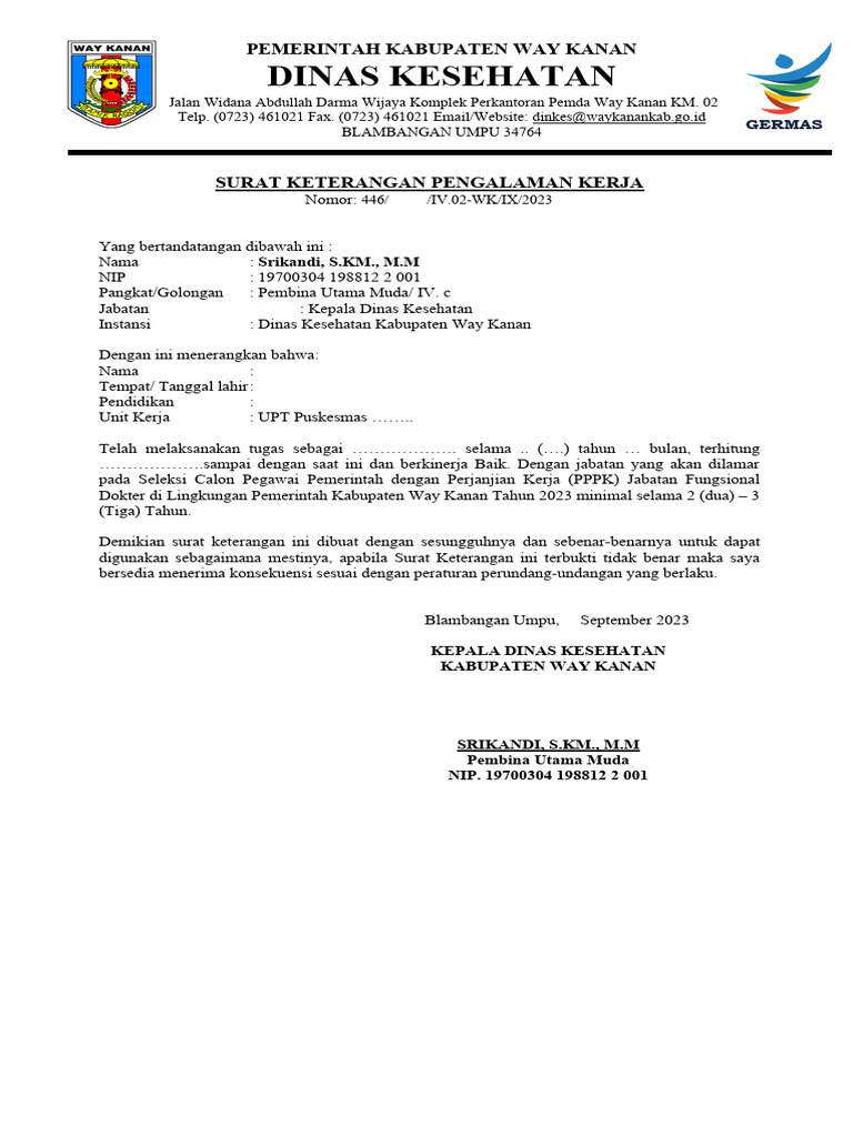 Format Suket Pengalaman Kerja Dan Aktif Bekerja - PPPK 2023 | PDF