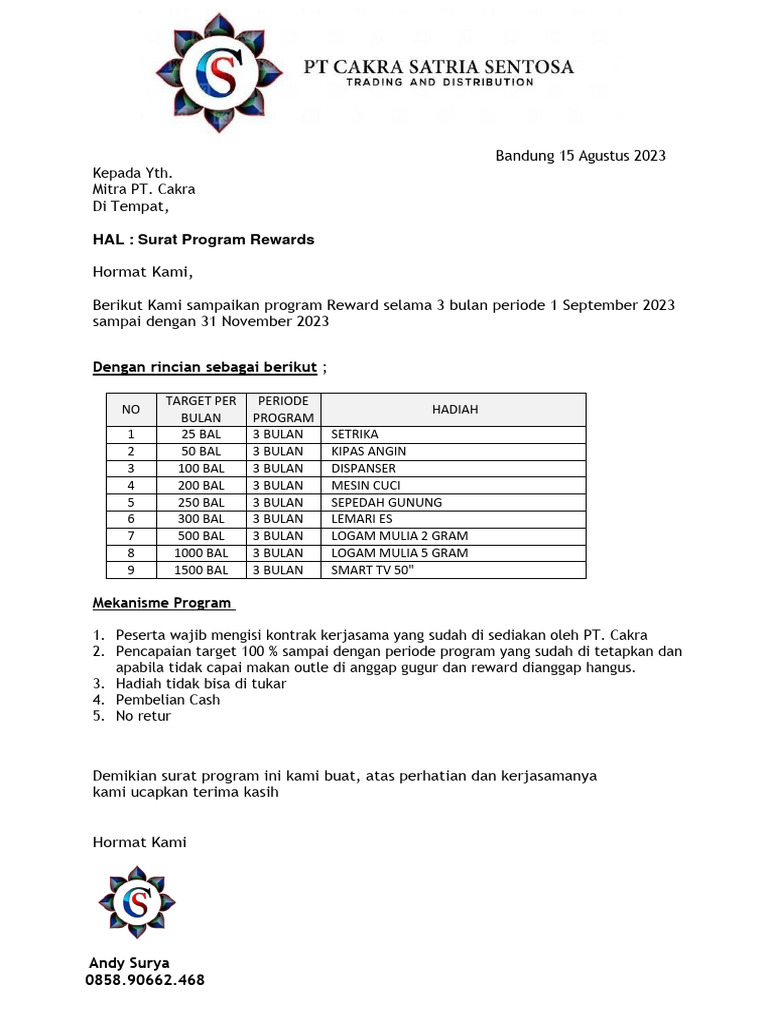 Program Reward Mitra PT. Cakra | PDF
