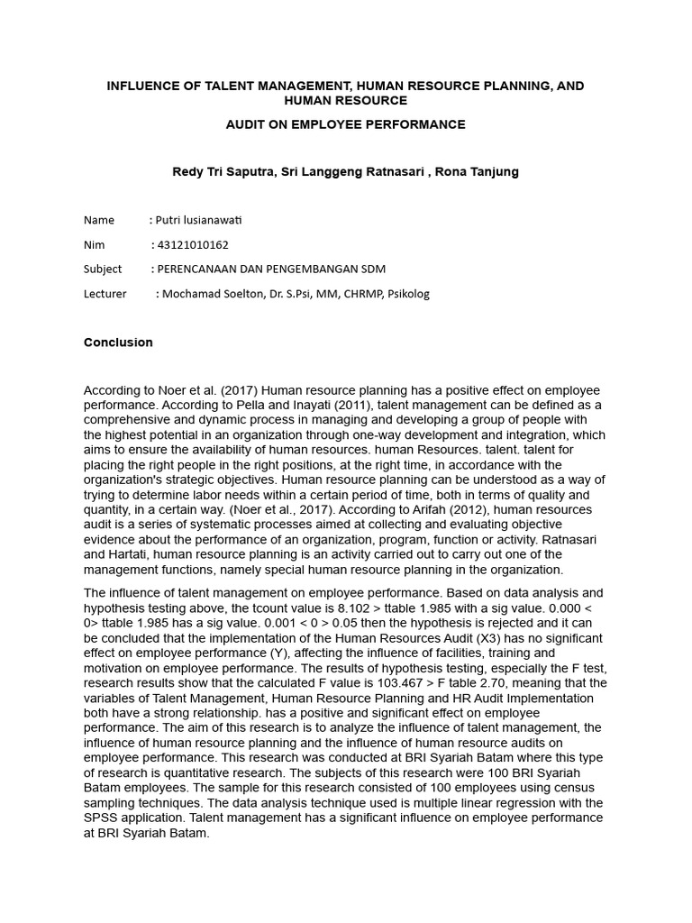 Influence of Talent Management, Human Resource Planning, and Human ...