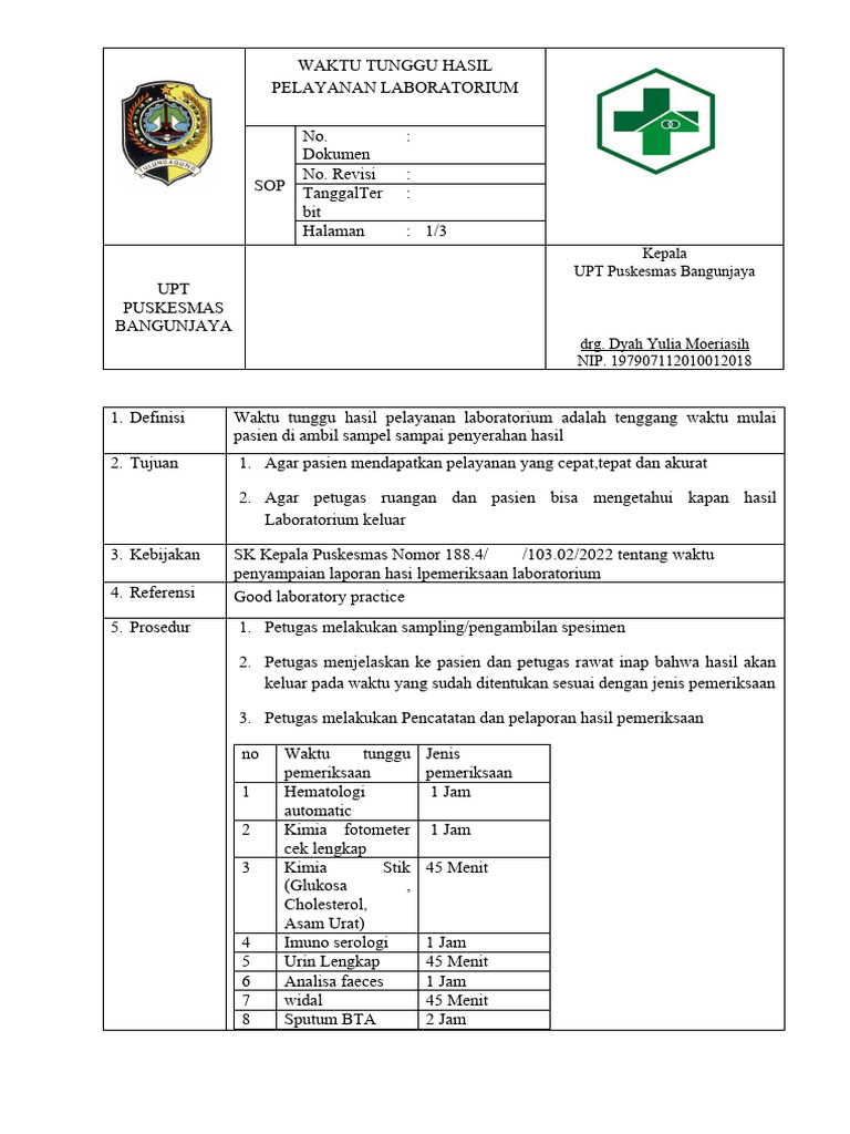 SOP Waktu Tunggu Hasil Pelayanan Laboratorium | PDF