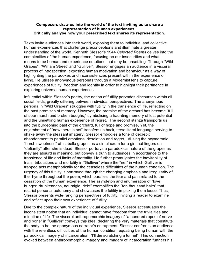 Kenneth Slessor Essay Representation of Human Experiences | PDF