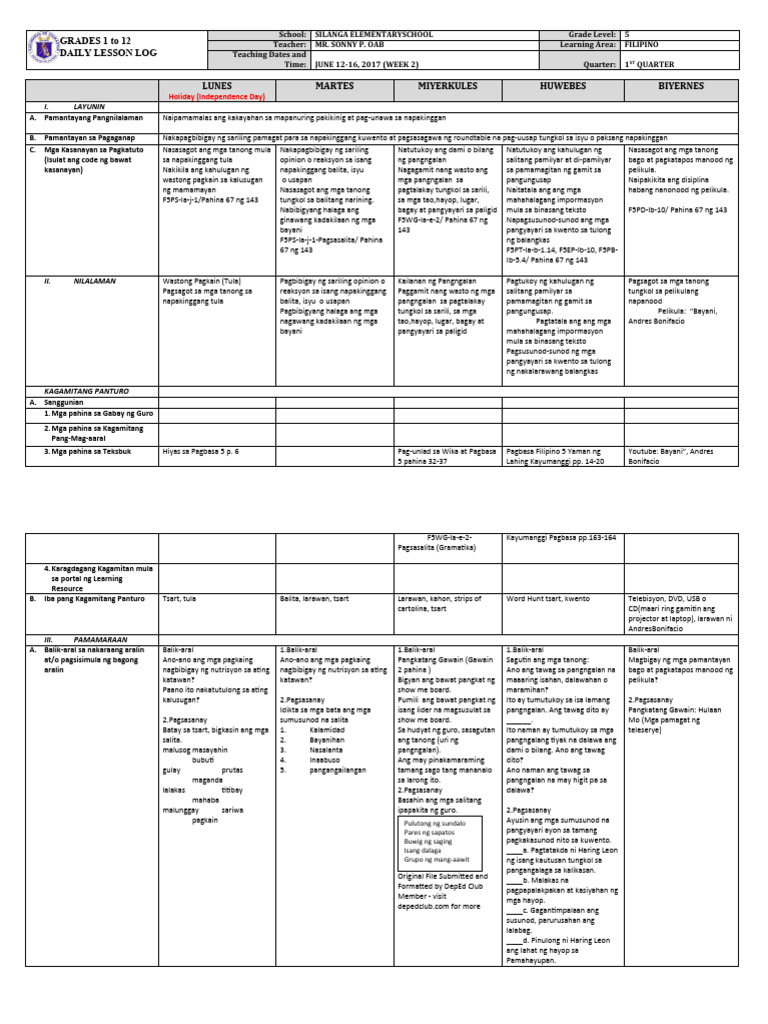 DLL - Filipino 5 - Q1 - W2 | PDF