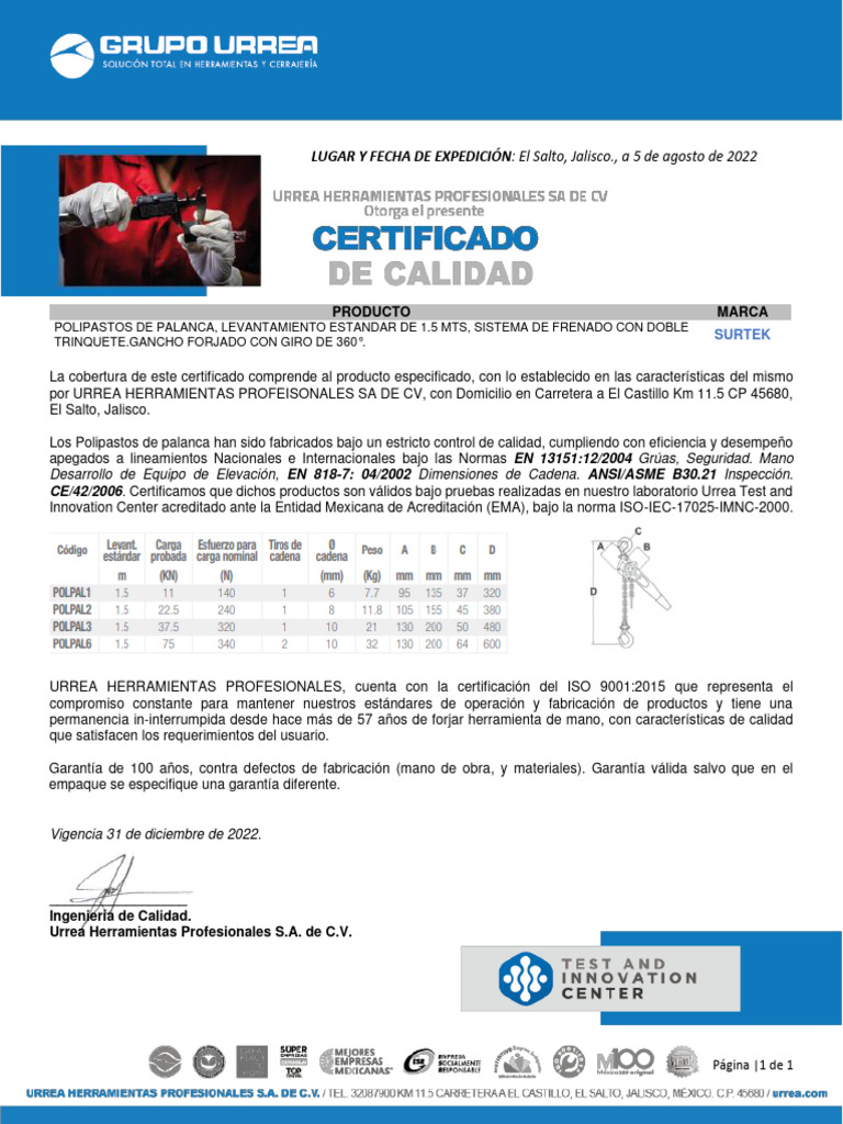 Certificación De Polipastos Surtek Pdf Tecnología