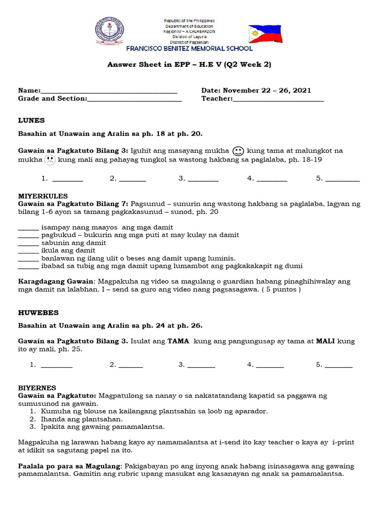 EPP H.E Answer Sheet Q2W2 | PDF