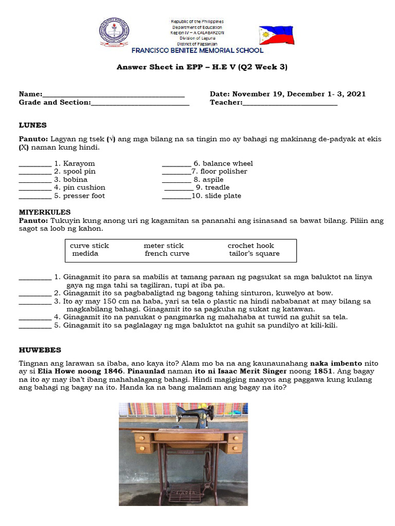 EPP H.E Answer Sheet Q2W3 | PDF