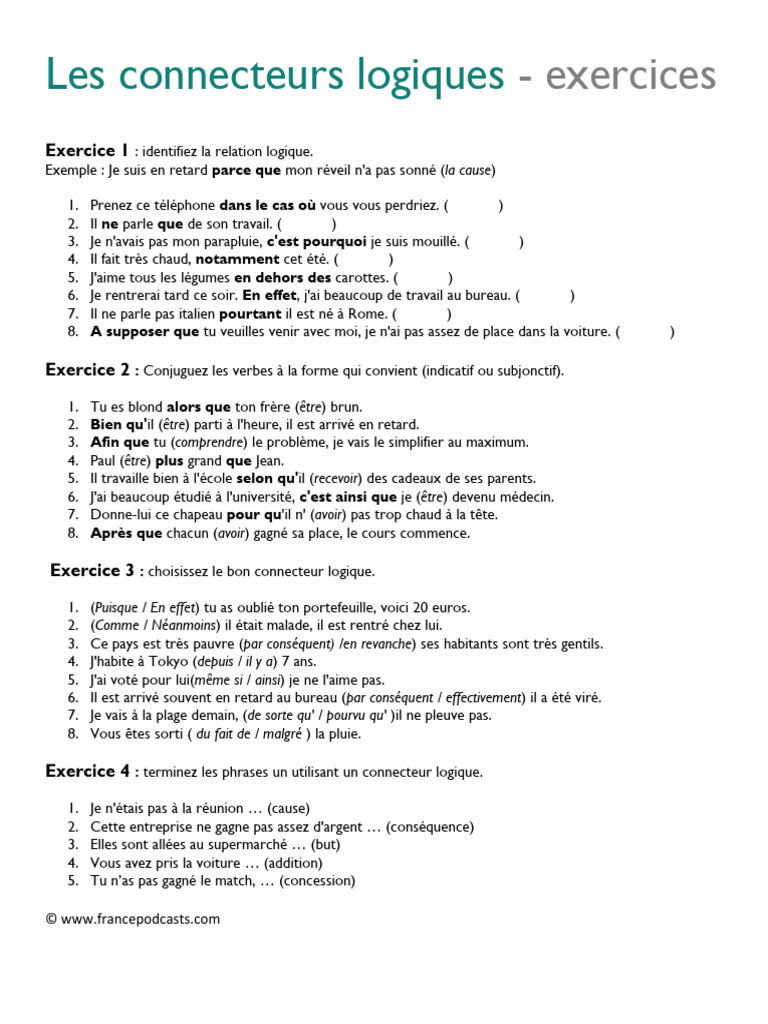 Exercices sur les Connecteurs Logiques et Conjugaison | PDF