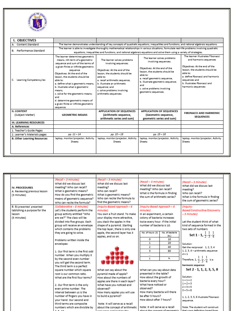 G10 Math Q1 Week4 Sy 2023 2024 DLL | PDF | Mean | Sequence