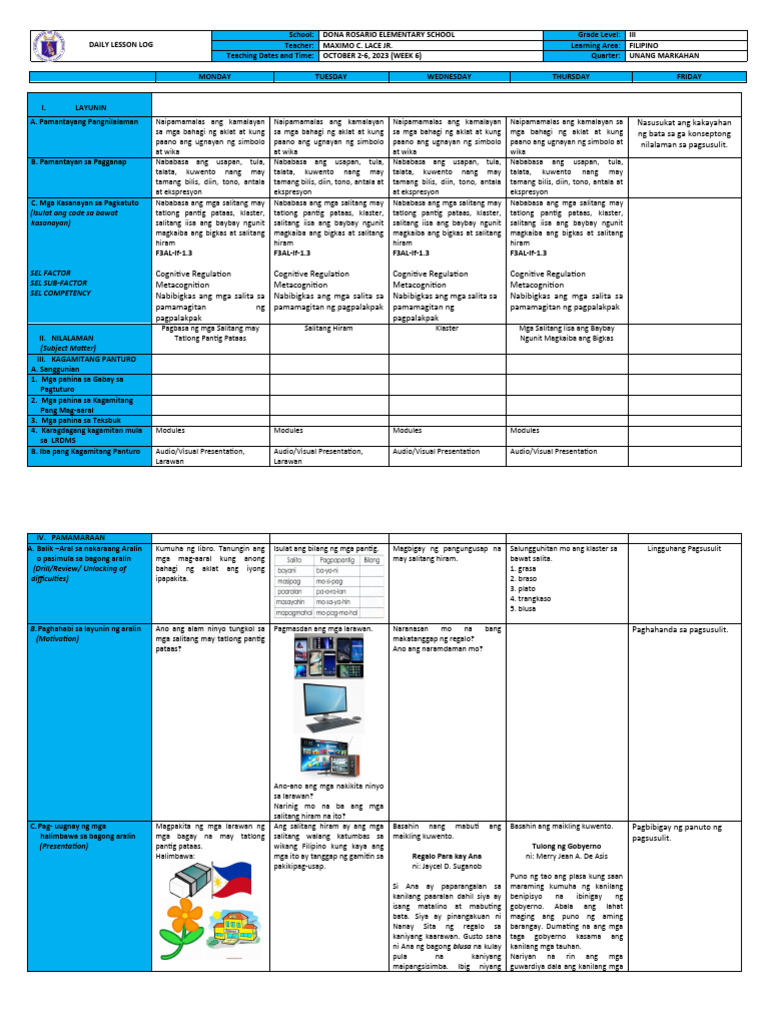 DLL Filipino3 Q1 W6 | PDF
