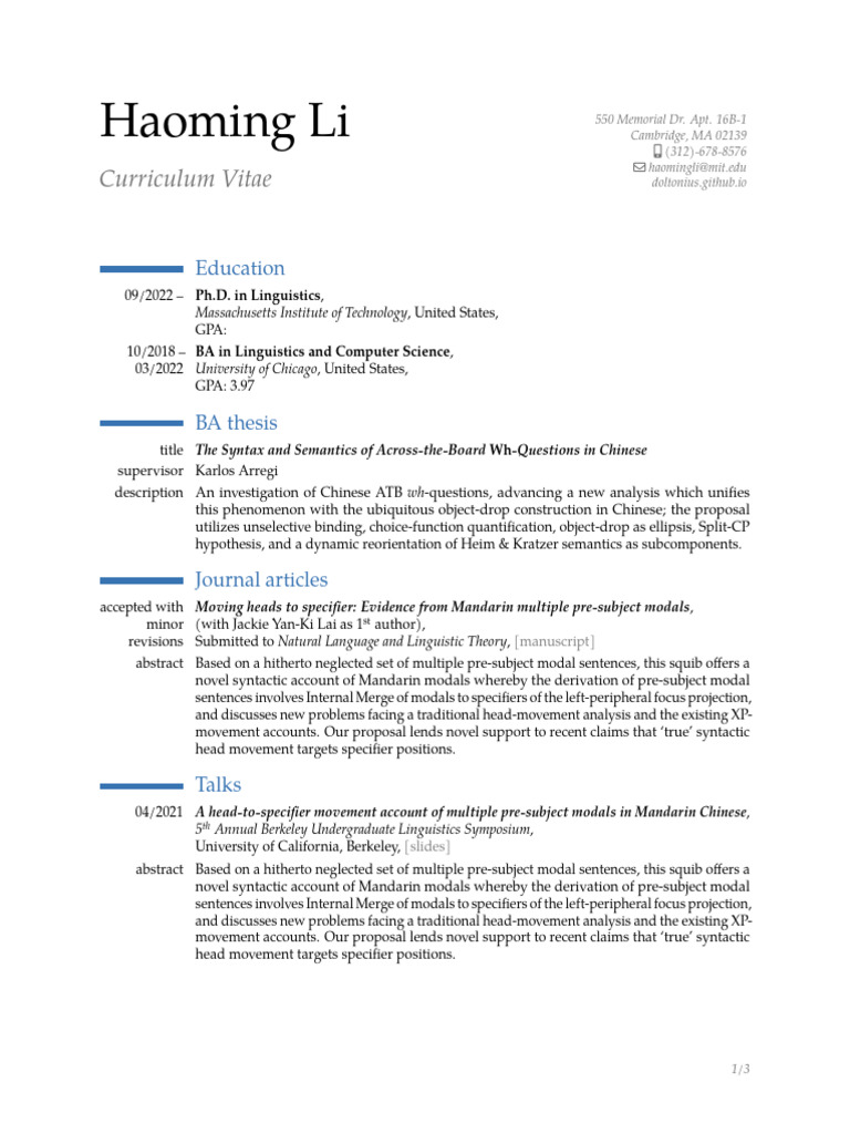 Haoming Li: Curriculum Vitae | PDF | Linguistics | Syntax