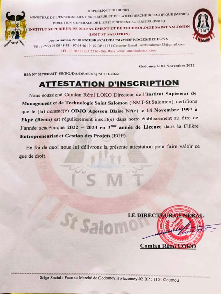 Attestation D'inscription Attestation | PDF