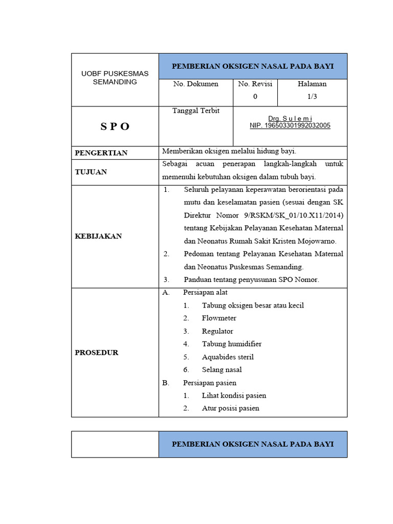 Sop Pemberian Oksigen Nasal Pada Bayi | PDF