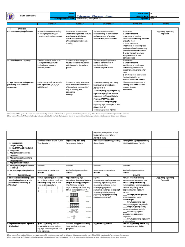 Grade 4 MAPEH Lesson Guide | PDF | Learning | Notation