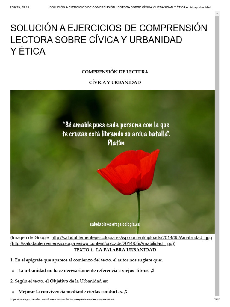 SOLUCIÓN A EJERCICIOS DE COMPRENSIÓN LECTORA SOBRE CÍVICA Y URBANIDAD Y ...