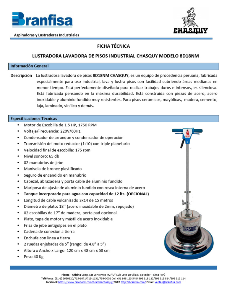 Lustradora Industrial Chasquy 8d18nm Pdf Bienes Manufacturados