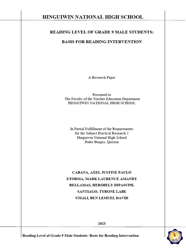 Reading Level of Grade 9 Male Students Chapter 1 5 | PDF | Reading Comprehension | Methodology