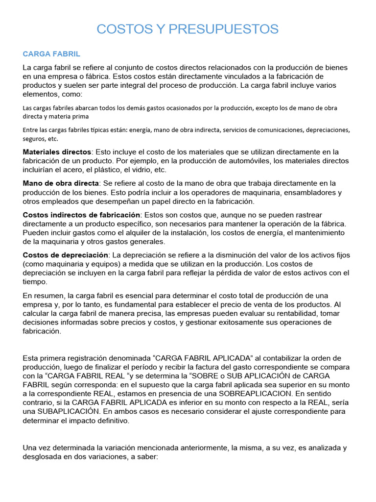 Carga Fabril: Costos y Presupuestos | PDF | Negocios | Tecnología