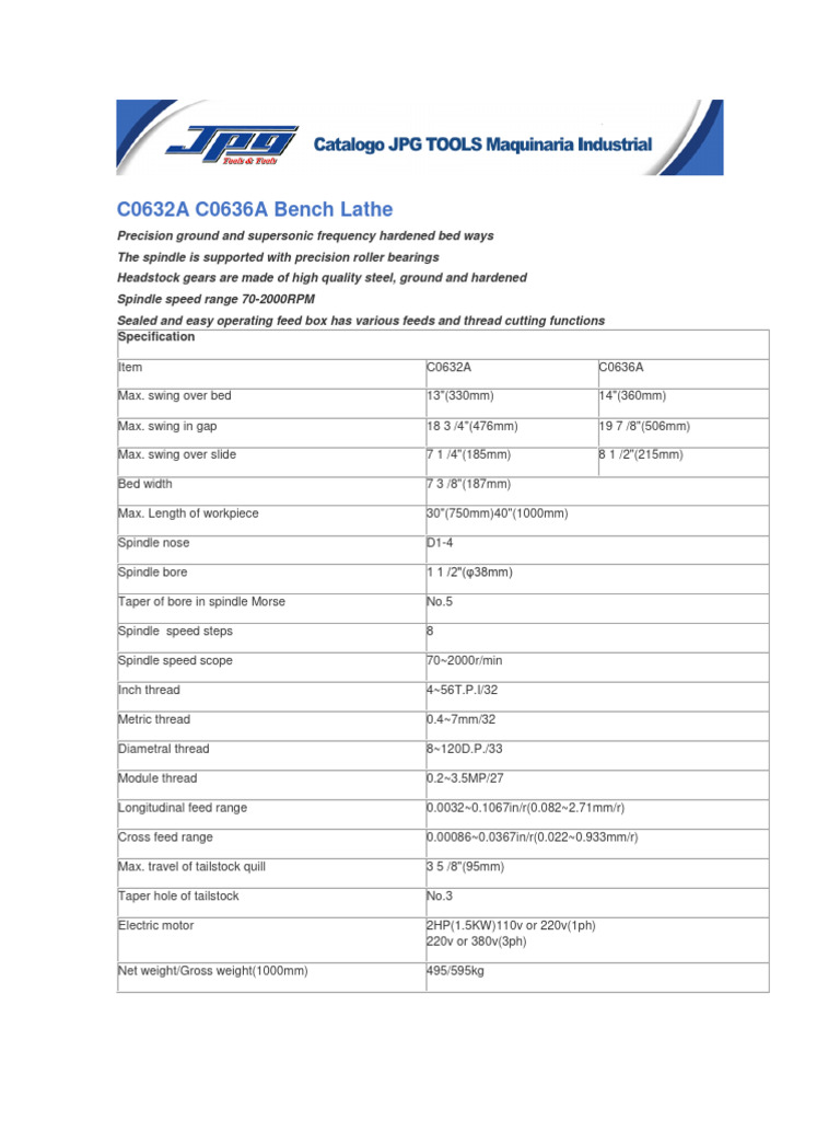 C0632A/C0636A Bench Lathe Specifications | PDF