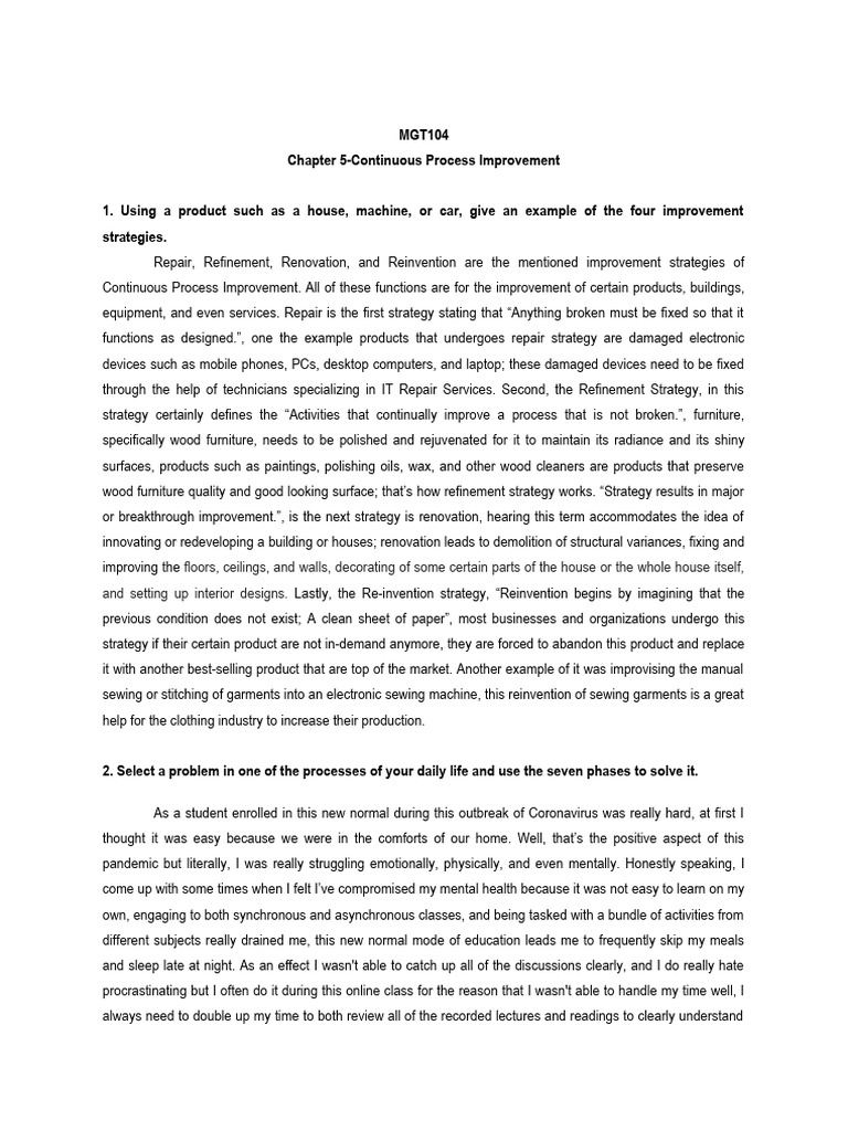 MGT104-Chapter 5 - Continuous Process Improvement Essay | PDF | Career ...