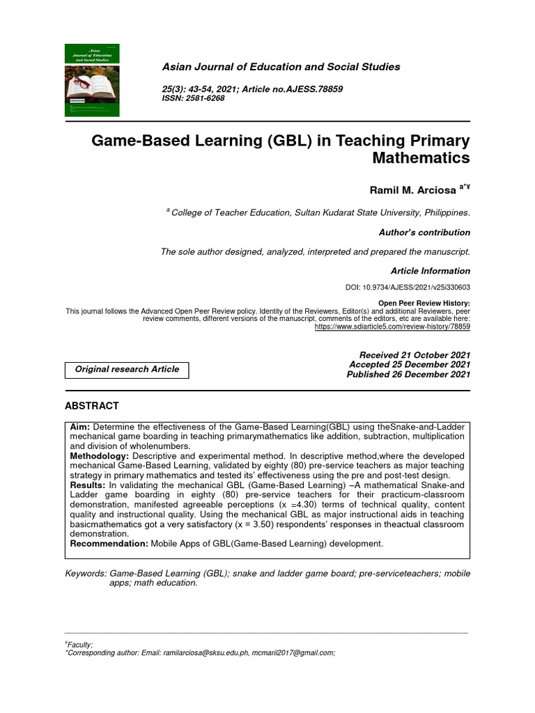 Game Based Learning Gbl In Teaching Prim Pdf