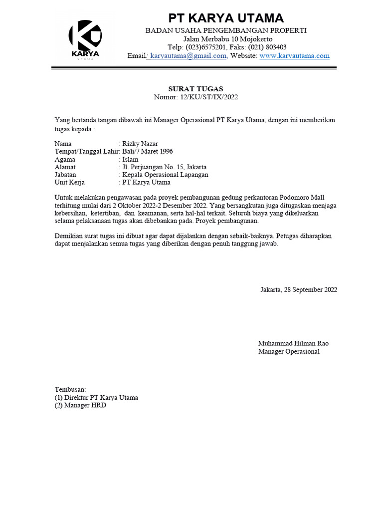 Surat Tugas Pengawasan Proyek | PDF