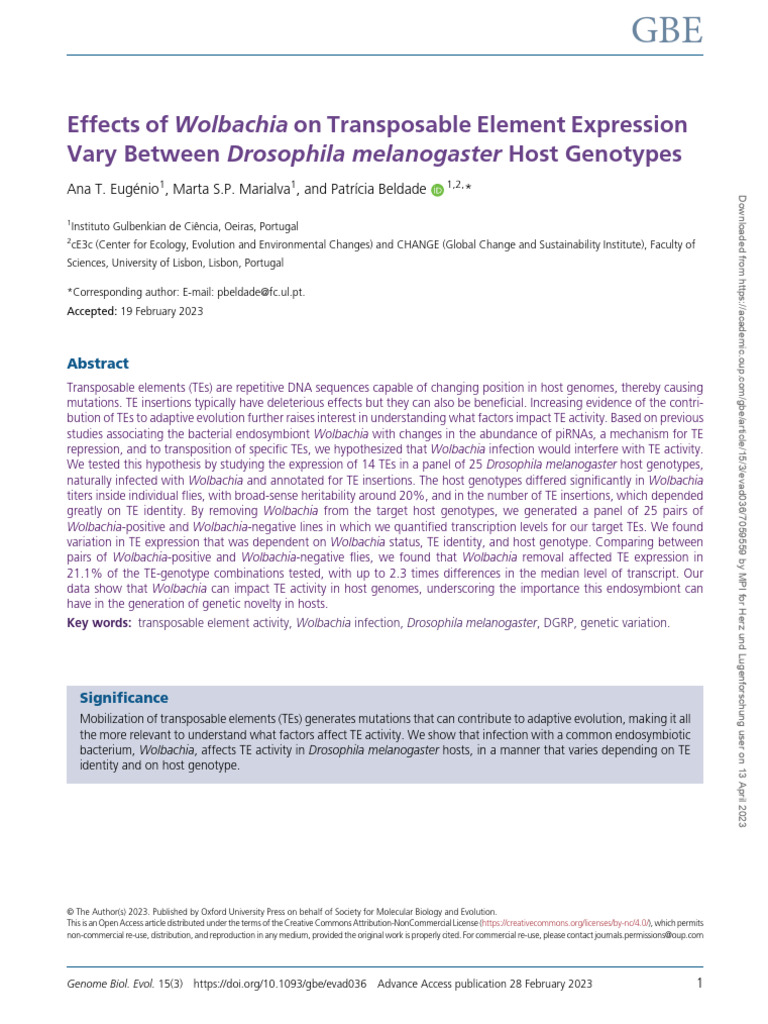 Effects of Wolbachia On Transposable Element Expression Vary Between ...