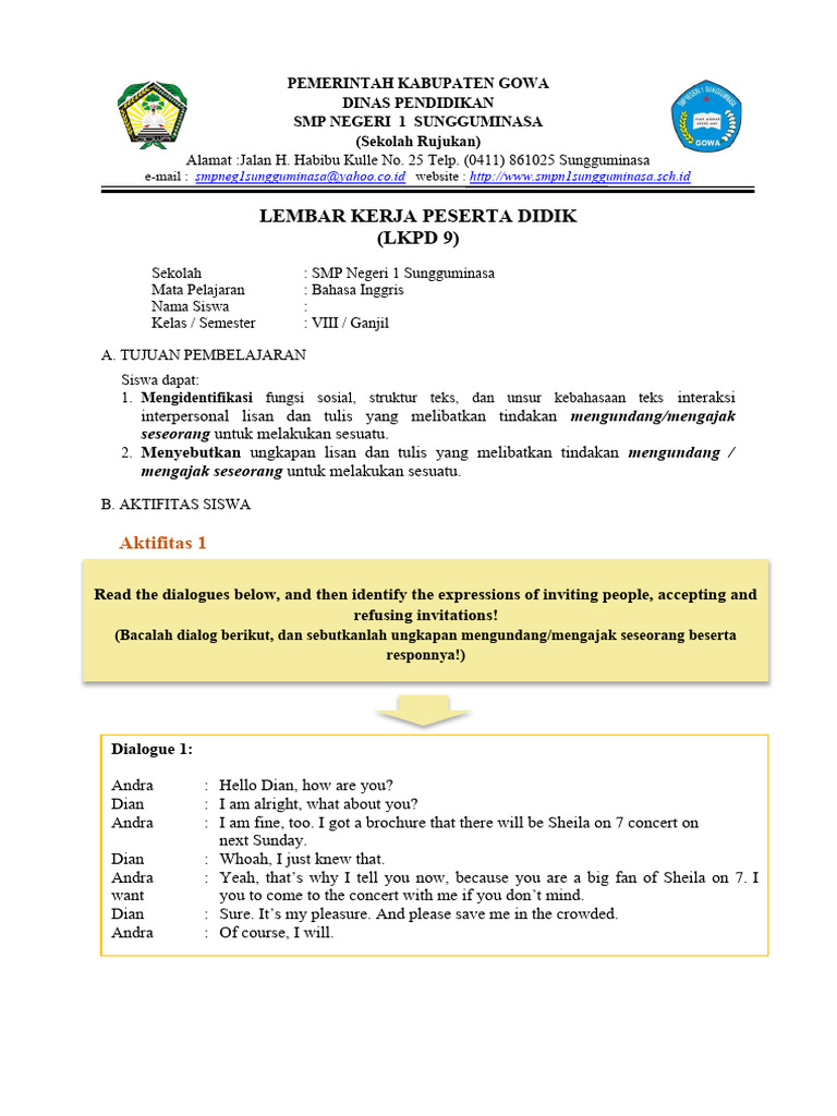 LKPD 9. Invite Someone To Do Something. Pengetahuan | PDF
