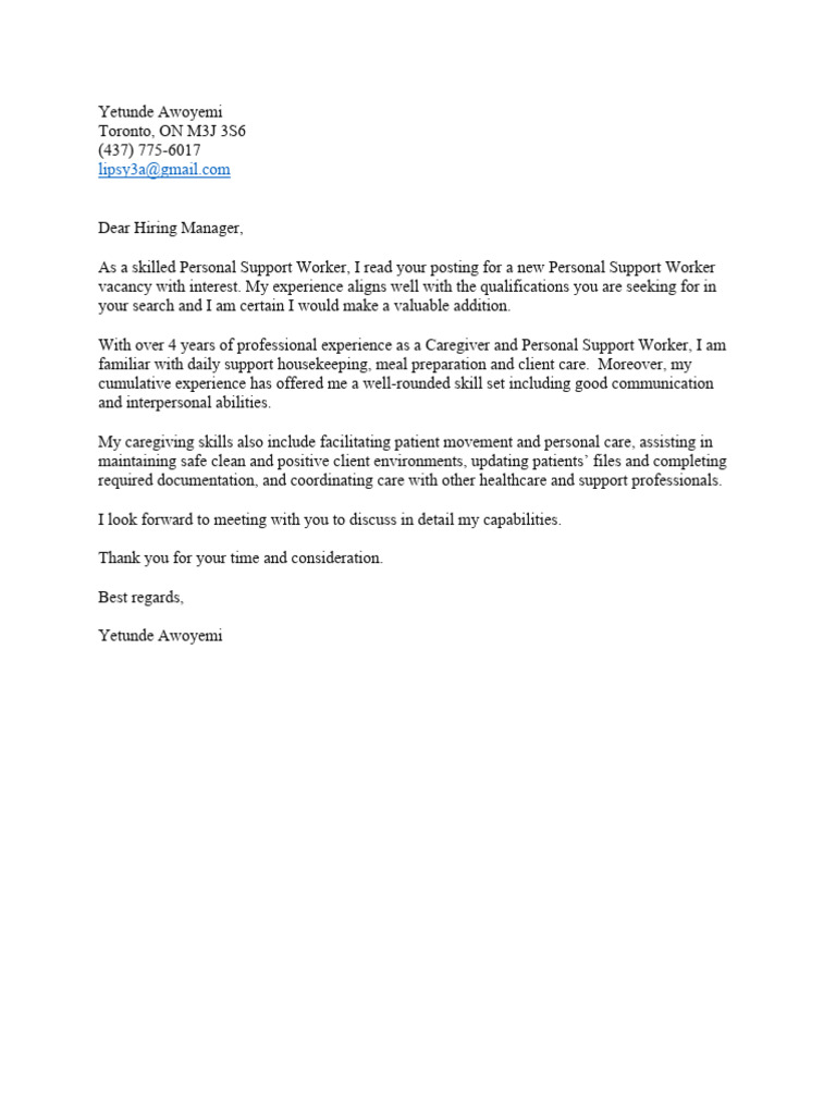 Yetunde Awoyemi PSW Cover Letter | PDF