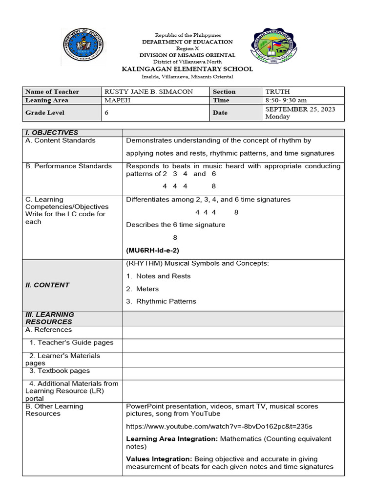 DLP Cot Music6 q1w5 | PDF | Teachers | Learning