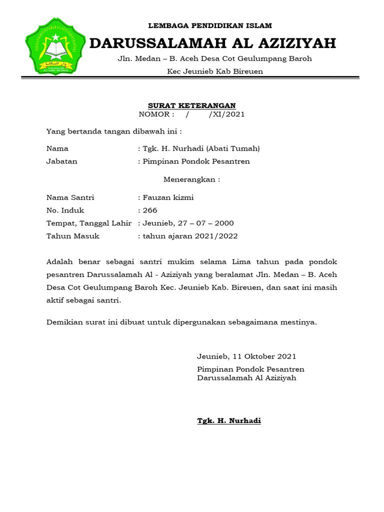 Surat Keterangan Terdaftar Santri | PDF