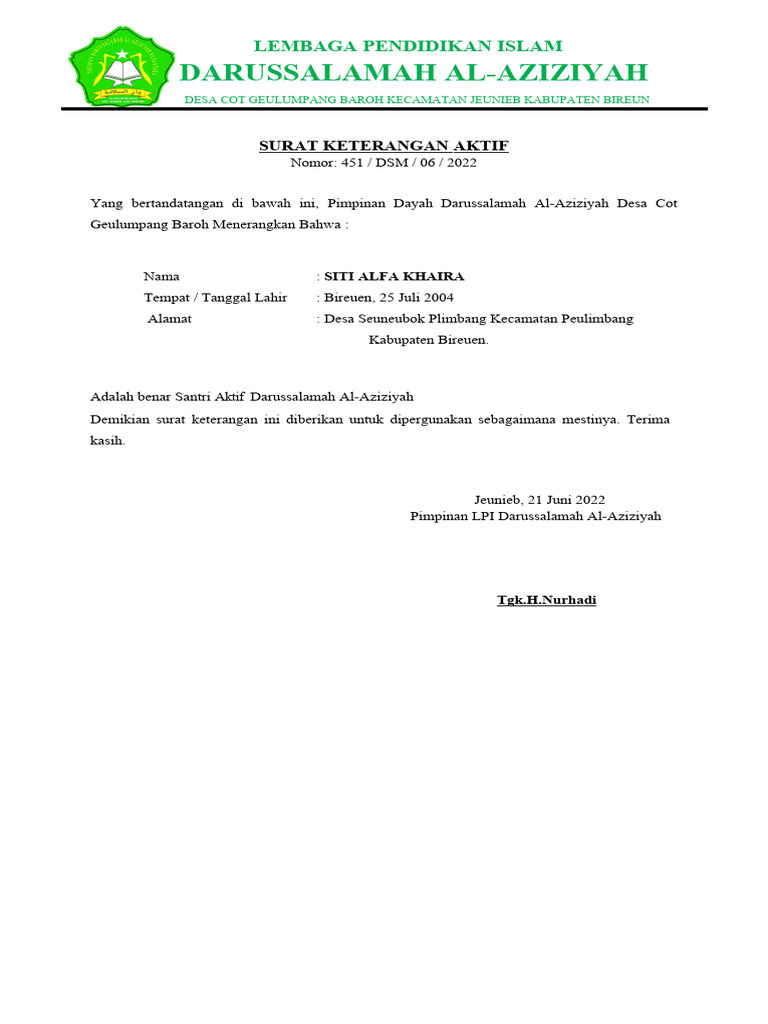Surat Keterangan Santri Aktif | PDF