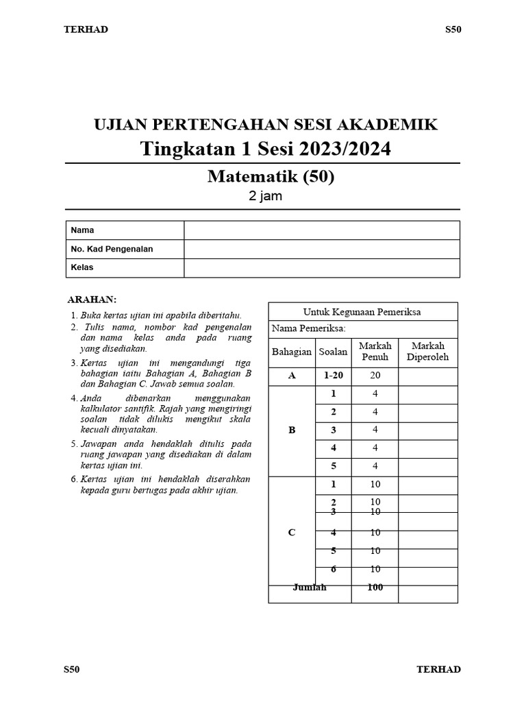 Set Kertas Upsa Matematik Tingkatan 1 Sesi 202324 Dwibahasa 03 | PDF