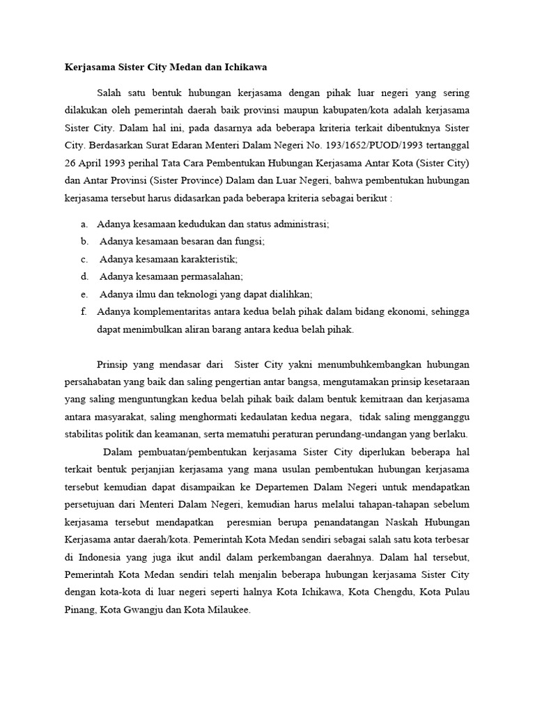 Kerjasama Sister City Medan Dan Ichikawa | PDF