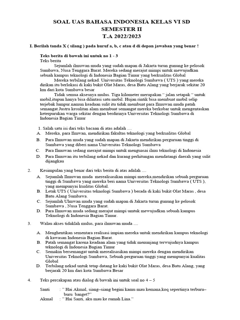 Soal Uas B.indonesia Kelas Vi Semester Ii | PDF