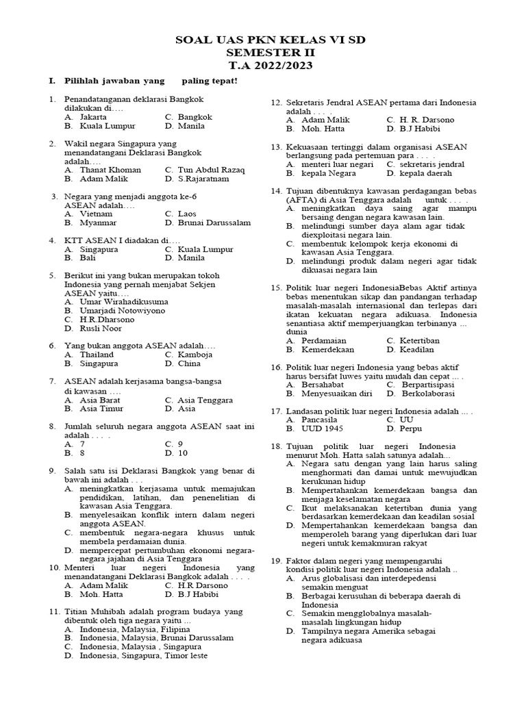 Soal Uas PKN Kelas Vi Semester Ii | PDF